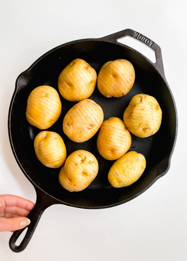 Hasselback Potato Skillet with Mustard Garlic Butter + Chives