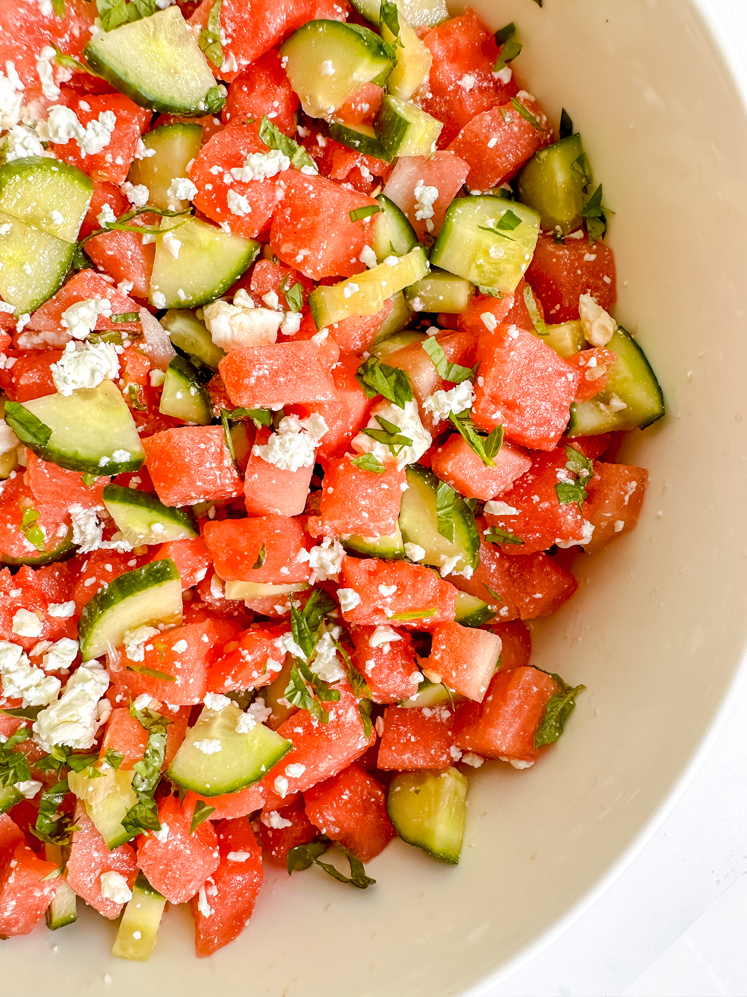 Watermelon Salad with Cucumber, Feta and Honey-Lime Dressing